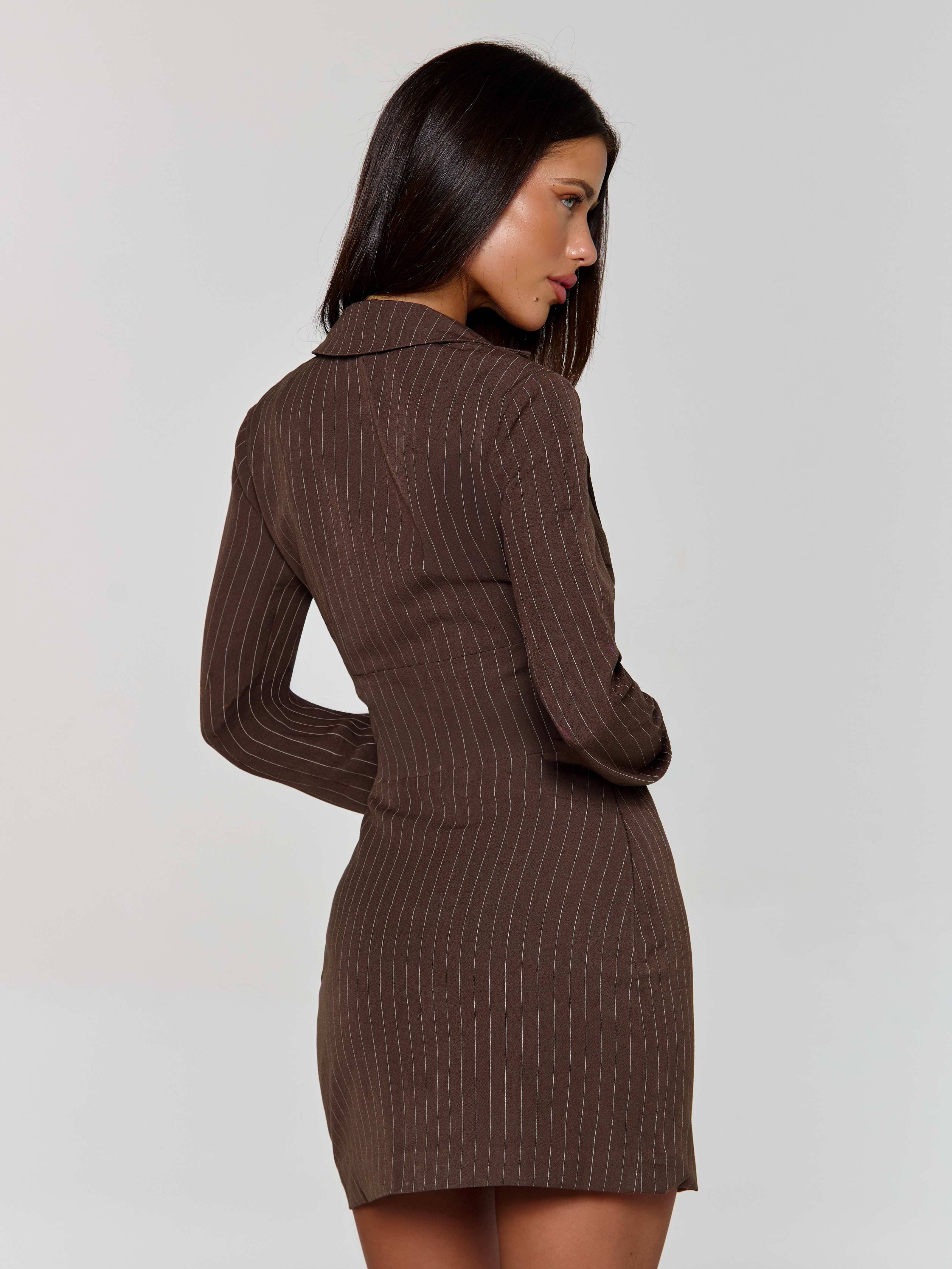 Kessia Mini Dress Brown Pinstripe | Outcast UK